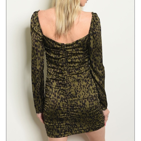 Trendy boutique | Dresses | Olive Leopard Ruched Mini Dress New | Poshmark